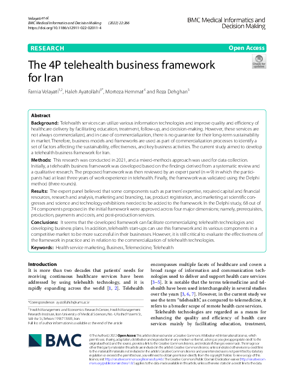 (PDF) The 4P telehealth business framework for Iran
