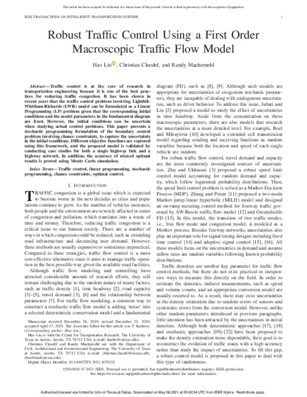Pdf Robust Traffic Control Using A First Order Macroscopic Traffic Flow Model Hao Liu