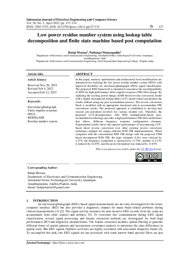 Pdf Low Power Residue Number System Using Lookup Table Decomposition And Finite State Machine