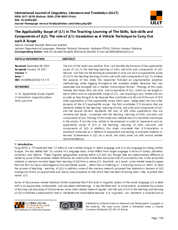 (PDF) The Applicability Scope of (L1) in The Teaching-Learning of The Skills, Sub-skills and ...