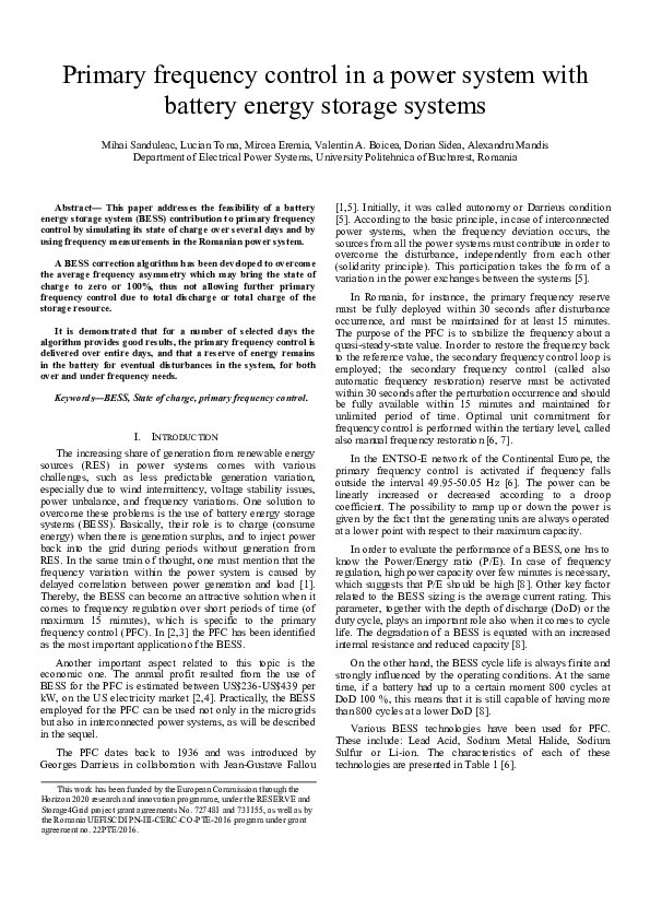 Pdf Primary Frequency Control In A Power System With Battery Energy Storage Systems