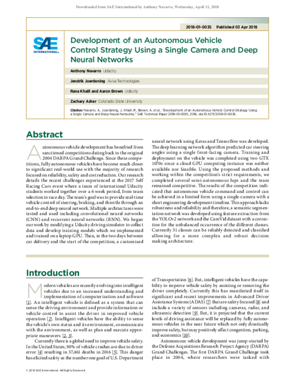(PDF) Development of an Autonomous Vehicle Control Strategy Using a Single Camera and Deep ...