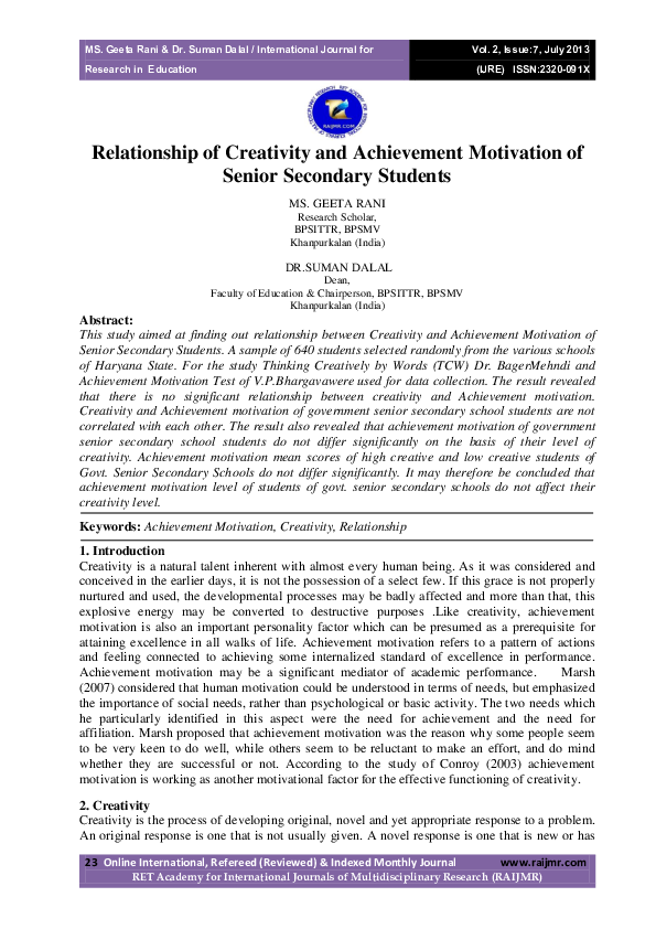(PDF) Relationship of Creativity and Achievement Motivation of Senior Secondary Students