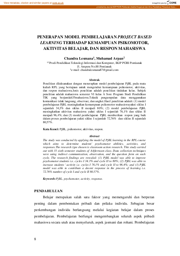 (PDF) Penerapan Model Pembelajaran Project Based Learning Terhadap Kemampuan Psikomotor ...