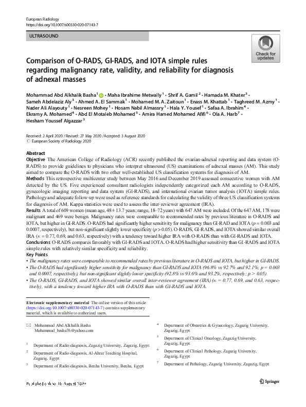 (PDF) Comparison of O-RADS, GI-RADS, and IOTA simple rules regarding ...