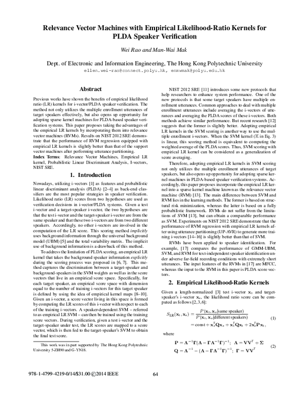 (PDF) Relevance vector machines with empirical likelihood-ratio kernels for PLDA speaker ...