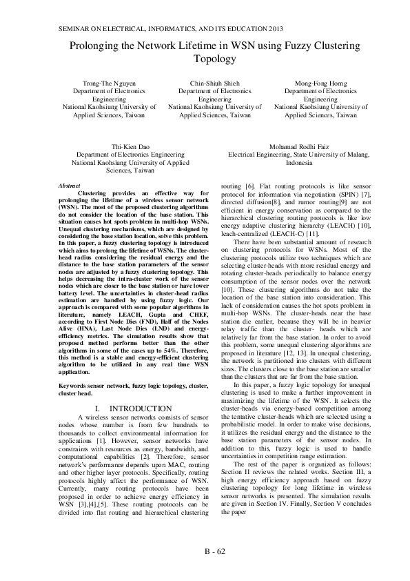 Pdf Prolonging Of The Network Lifetime Of Wsn Using Fuzzy Clustering Topology Dao Trung Kien