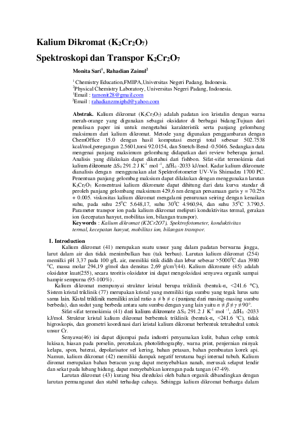 (PDF) Kalium Dikromat (K2Cr2O7) Spektroskopi dan Transpor K2Cr2O7