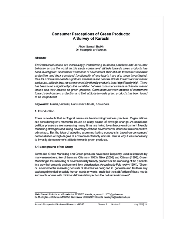 (PDF) Consumer Perceptions of Green Products: A Survey of Karachi