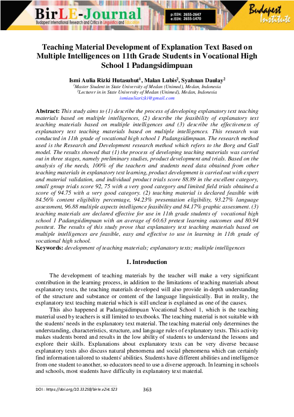 (PDF) Teaching Material Development of Explanation Text Based on Multiple Intelligences on 11th ...