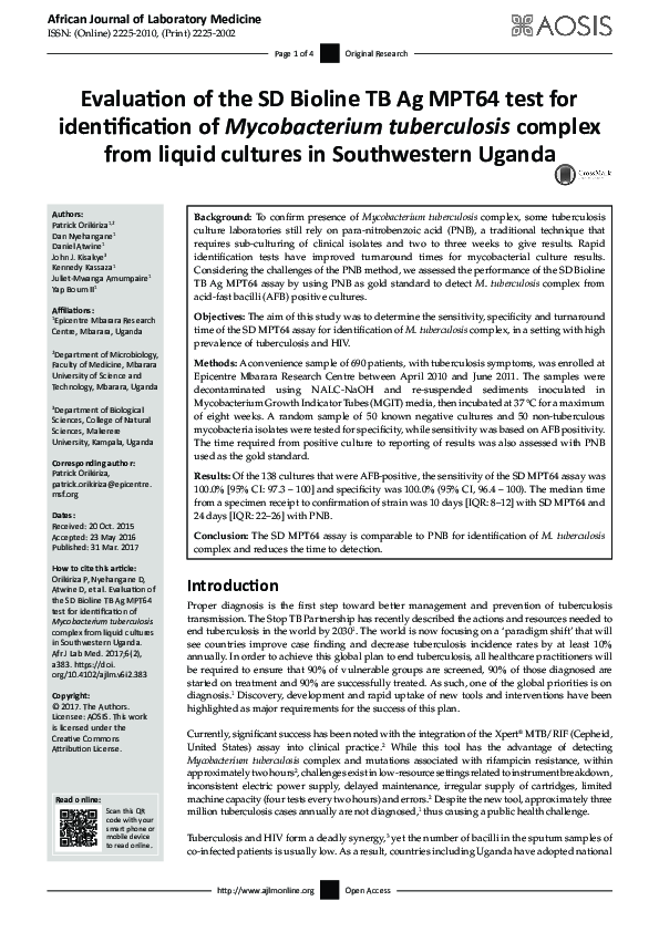 (PDF) Evaluation of the SD Bioline TB Ag MPT64 test for identification ...
