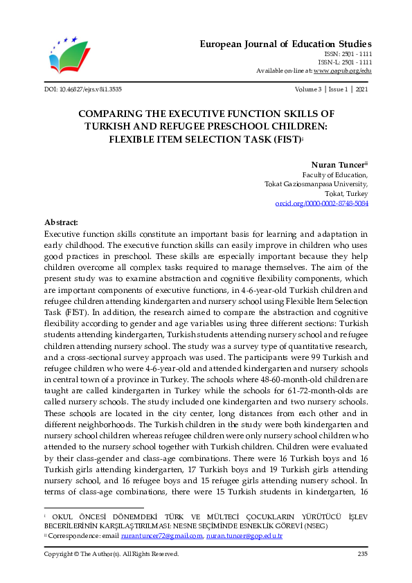 (PDF) Comparing the Executive Function Skills of Turkish and Refugee ...