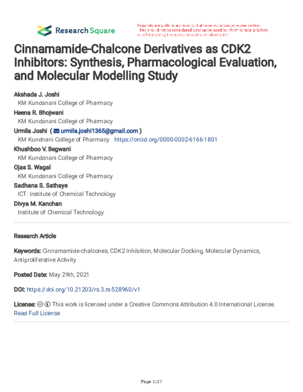 (PDF) Cinnamamide-chalcone derivatives as CDK2 inhibitors: synthesis ...