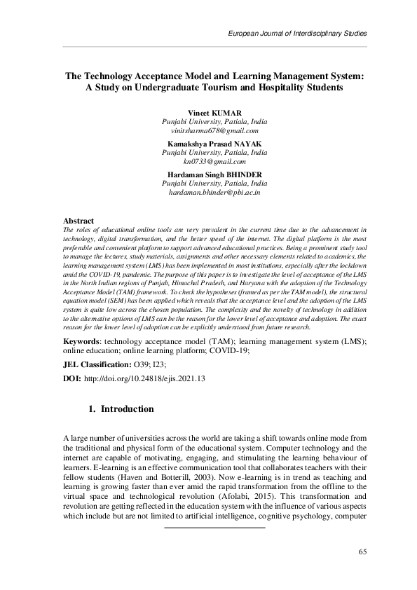 (PDF) The Technology Acceptance Model and Learning Management System: A Study on Undergraduate ...