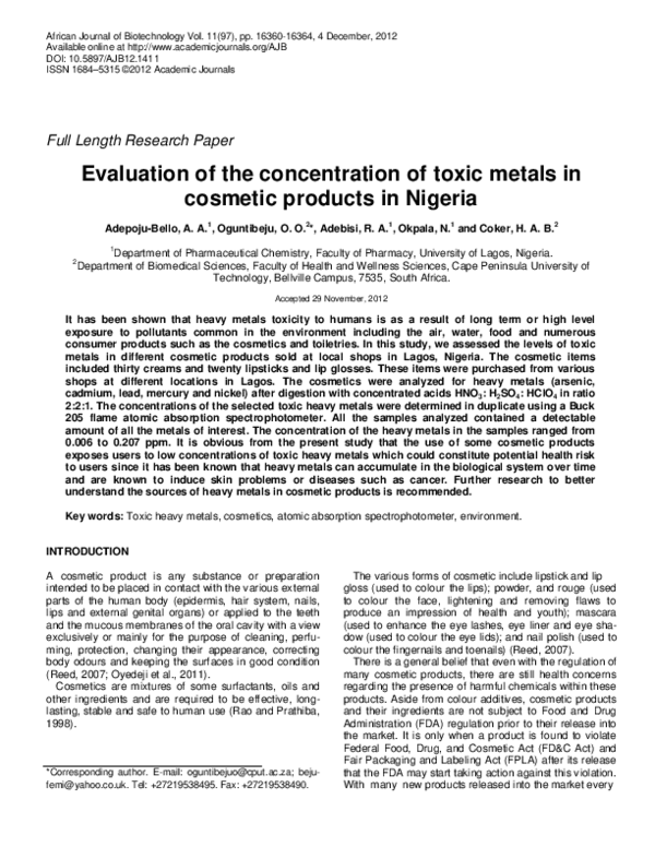 (PDF) Assessments of toxic heavy metals contamination in cosmetic products