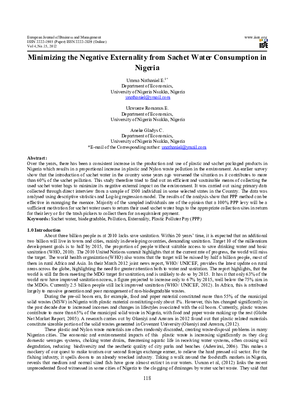 (PDF) Minimizing the Negative Externality from Sachet Water Consumption ...