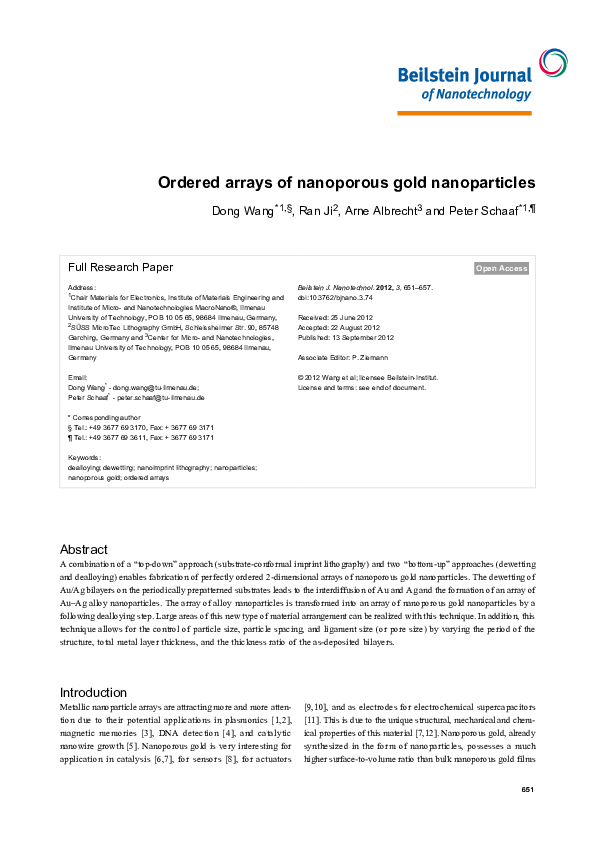 (PDF) Ordered arrays of nanoporous gold nanoparticles | Arne Albrecht ...