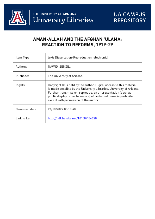 (PDF) Aman-Allah and the Afghan 'Ulama: Reaction to Reforms, 1919-29