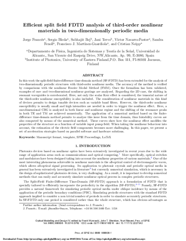(PDF) Efficient split field FDTD analysis of third-order nonlinear materials in two ...