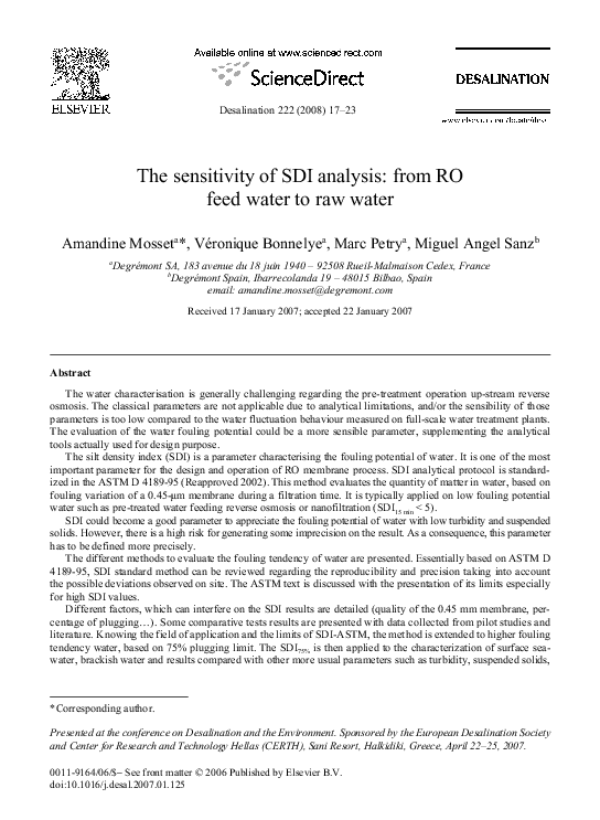 (PDF) The sensitivity of SDI analysis: from RO feed water to raw water
