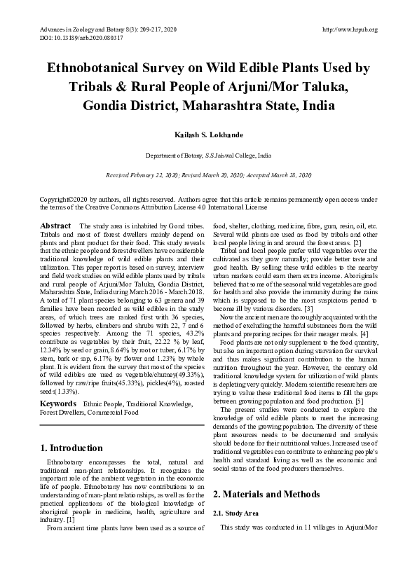 (PDF) Ethnobotanical Survey on Wild Edible Plants Used by Tribals & Rural People of Arjuni/Mor ...