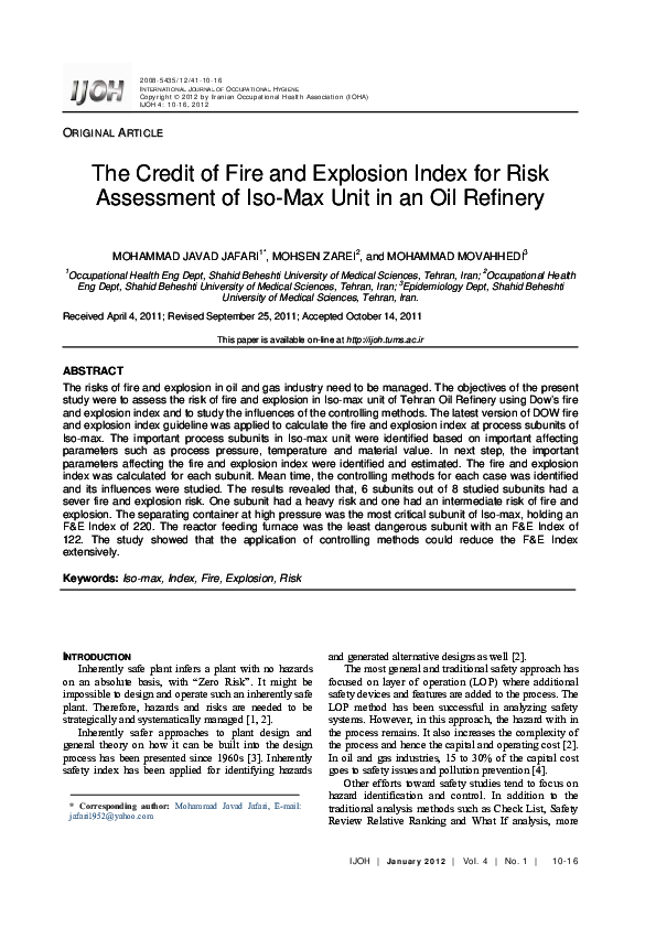 (PDF) The Credit of Fire and Explosion Index for Risk Assessment of Iso ...