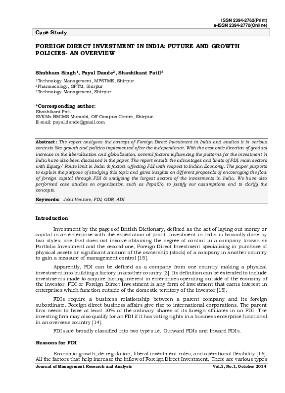 (PDF) Foreign Direct Investment in India: Future and Growth Policies ...