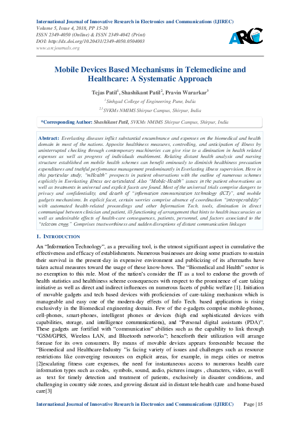 (PDF) Mobile Devices Based Mechanisms in Telemedicine and Healthcare: A Systematic Approach