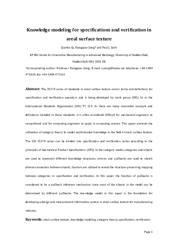 Pdf Knowledge Modeling For Specifications And Verification In Areal Surface Texture