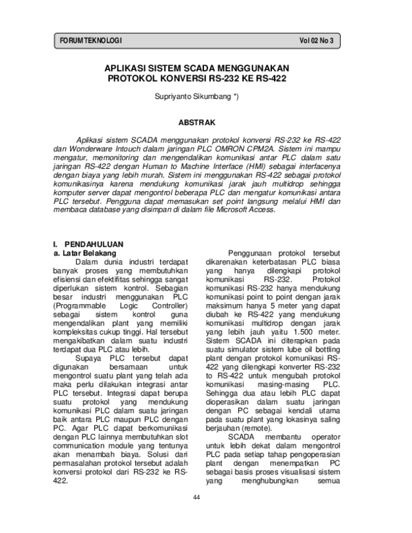 (PDF) Aplikasi Sistem Scada Menggunakan Protokol Konversi RS-232 Ke RS-422