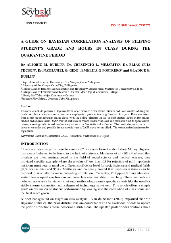 (PDF) A GUIDE ON BAYESIAN CORRELATION ANALYSIS OF FILIPINO STUDENT'S ...