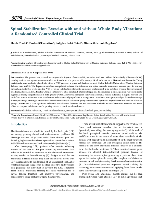 (PDF) Spinal Stabilization Exercise with and without Whole–Body Vibration: A Randomized ...