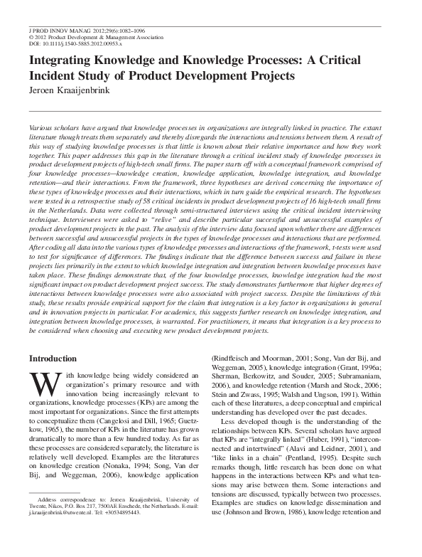 (PDF) Integrating Knowledge and Knowledge Processes: A Critical Incident Study of Product ...