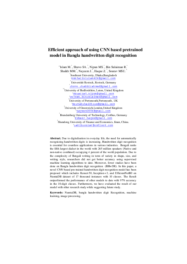 Pdf Efficient Approach Of Using Cnn Based Pretrained Model In Bangla Handwritten Digit Recognition
