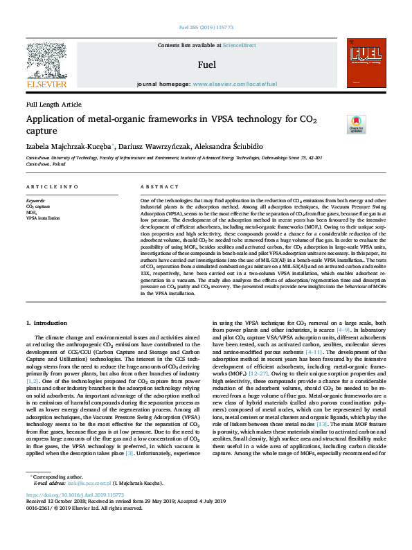(PDF) Application of metal-organic frameworks in VPSA technology for CO2 capture