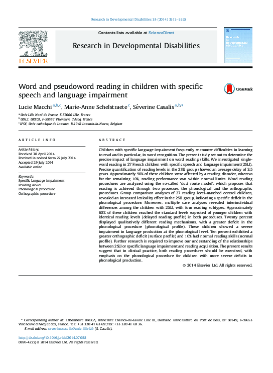 (PDF) Word and pseudoword reading in children with specific speech and language impairment