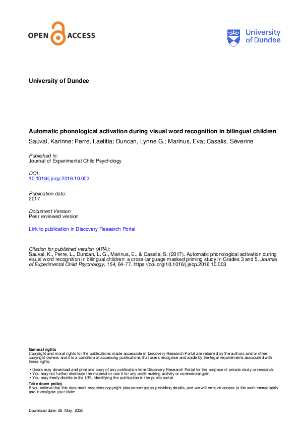 Pdf Automatic Phonological Activation During Visual Word Recognition