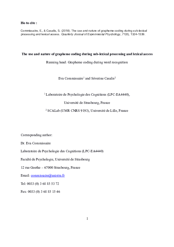 (PDF) The use and nature of grapheme coding during sub-lexical processing and lexical access