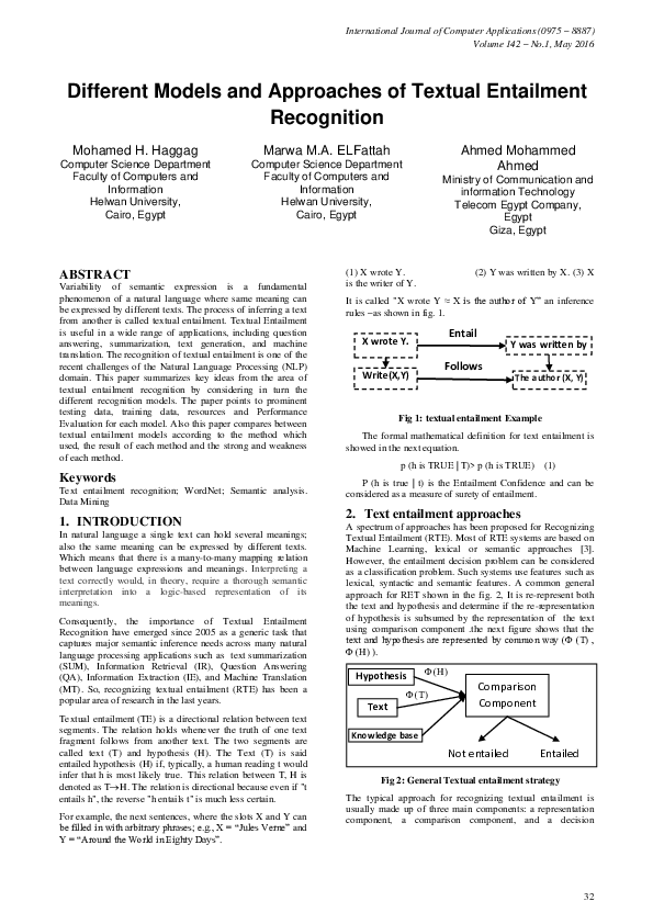 Pdf Different Models And Approaches Of Textual Entailment Recognition