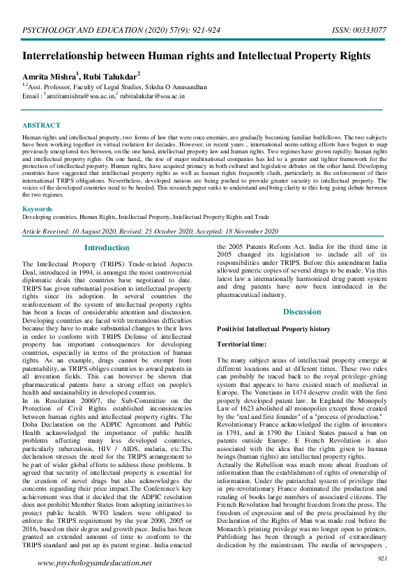 (PDF) Interrelationship between Human rights and Intellectual Property ... (PDF) Interrelationship between Human rights and Intellectual Property ...
