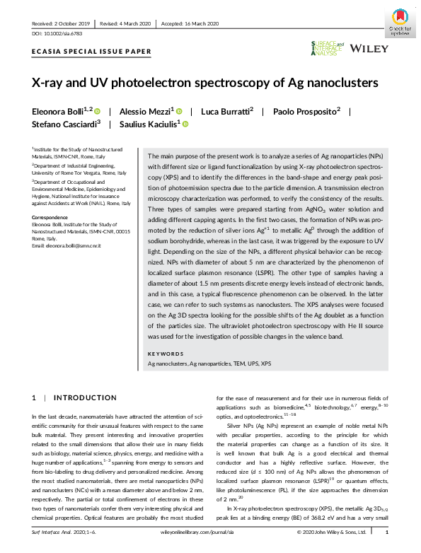 (PDF) X‐ray and UV photoelectron spectroscopy of Ag nanoclusters