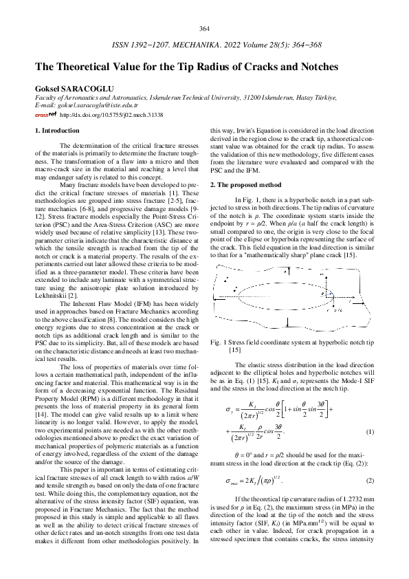 (PDF) The Theoretical Value for the Tip Radius of Cracks and Notches