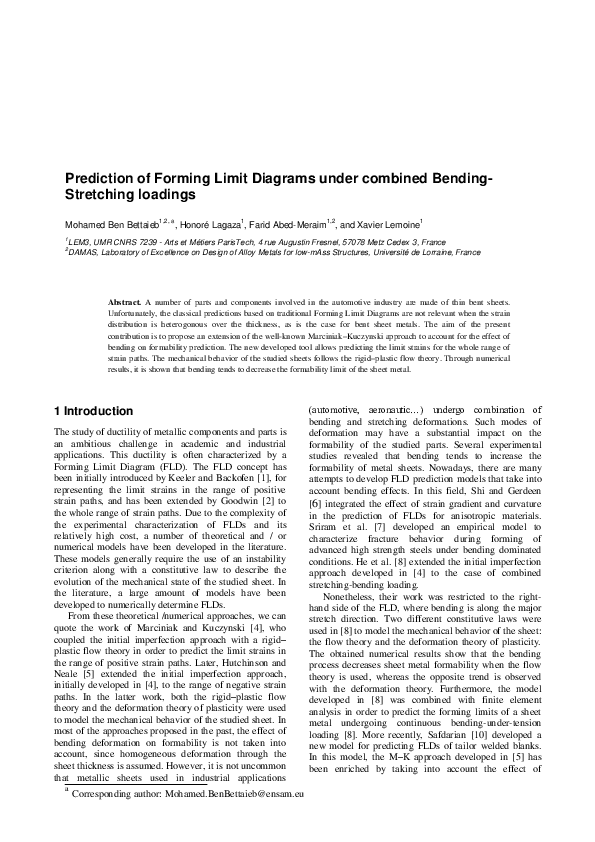(PDF) Prediction of Forming Limit Diagrams under combined Bending-Stretching loadings