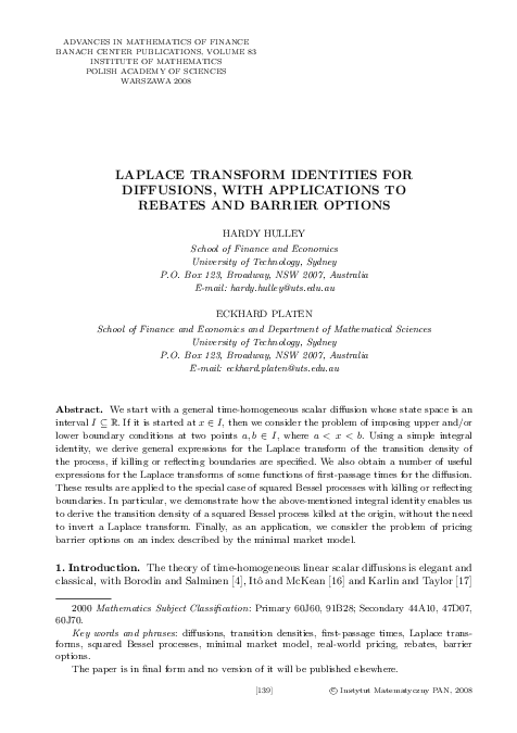 (PDF) Laplace transform identities for diffusions, with applications to ...