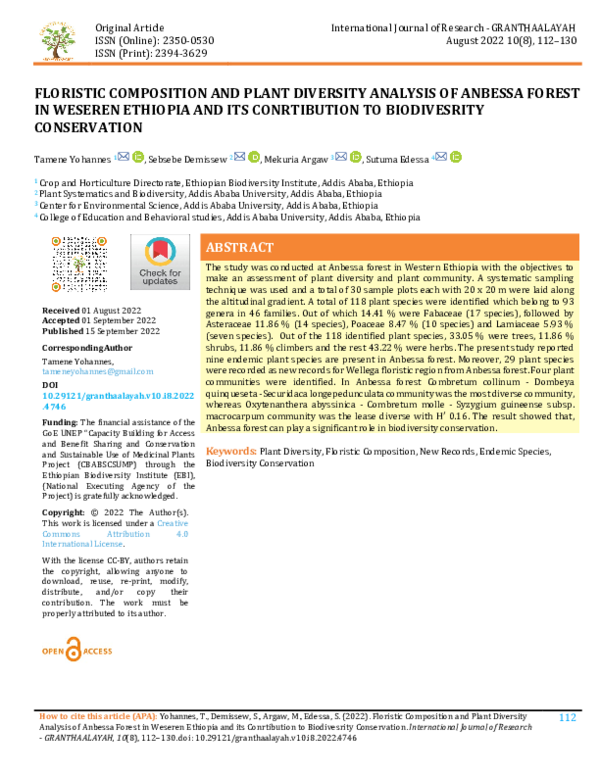 (PDF) Floristic Composition and Plant Diversity Analysis of Anbessa ...