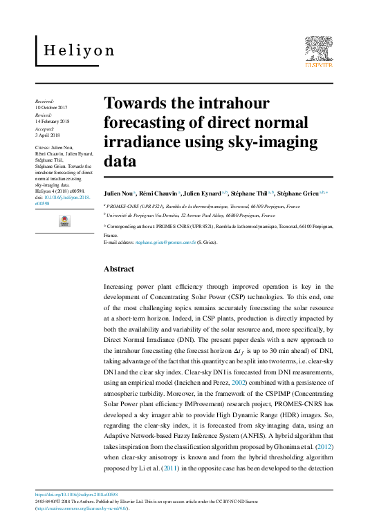 Pdf Towards The Intrahour Forecasting Of Direct Normal Irradiance Using Sky Imaging Data
