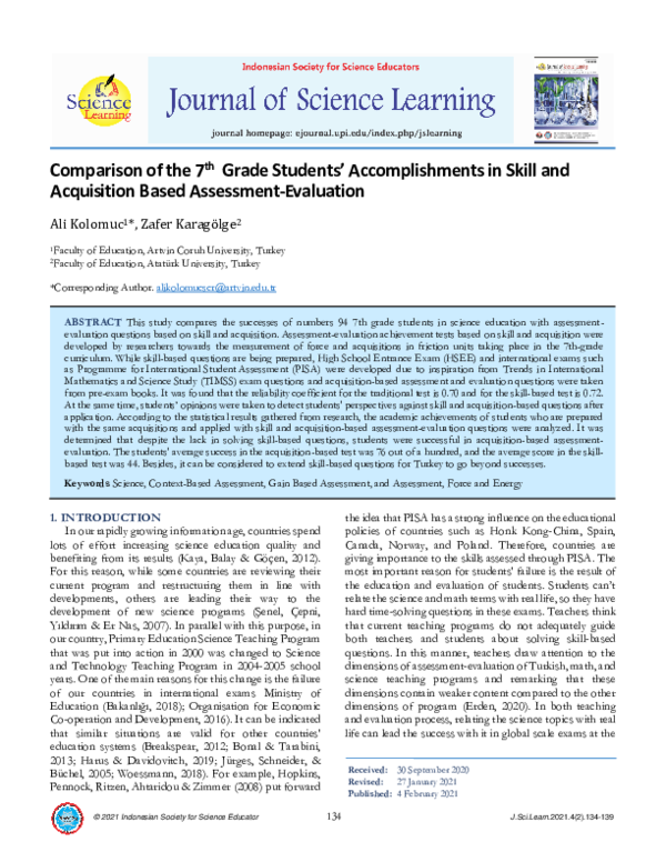 (PDF) Comparison of the 7th Grade Students’ Accomplishments in Skill ...