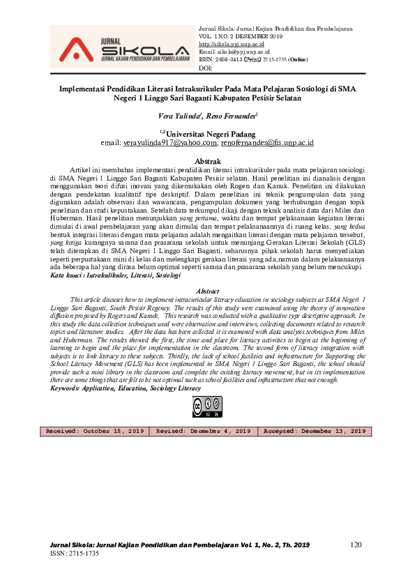 (PDF) Implementasi Pendidikan Literasi Intrakurikuler Pada Mata Pelajaran Sosiologi SMA Negeri 1 ...