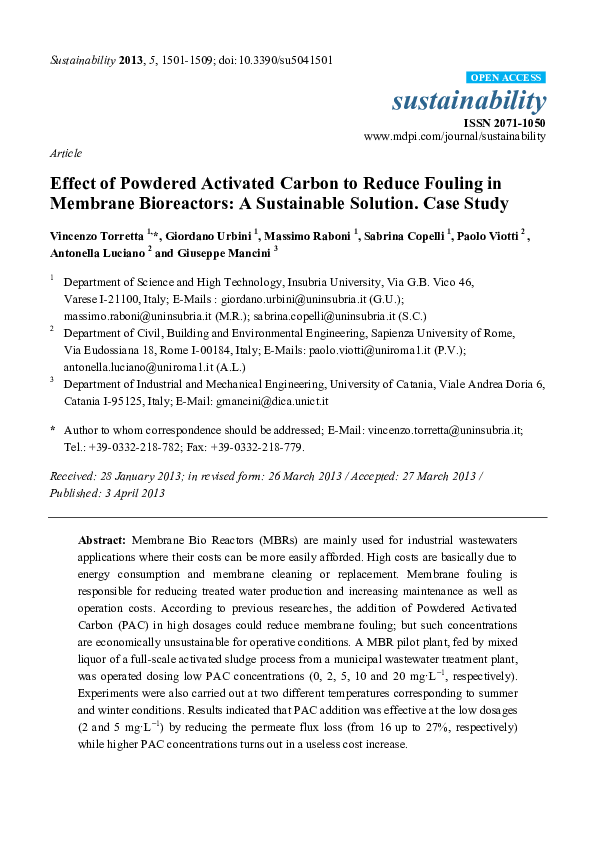 (PDF) Effect of Powdered Activated Carbon to Reduce Fouling in Membrane Bioreactors: A ...