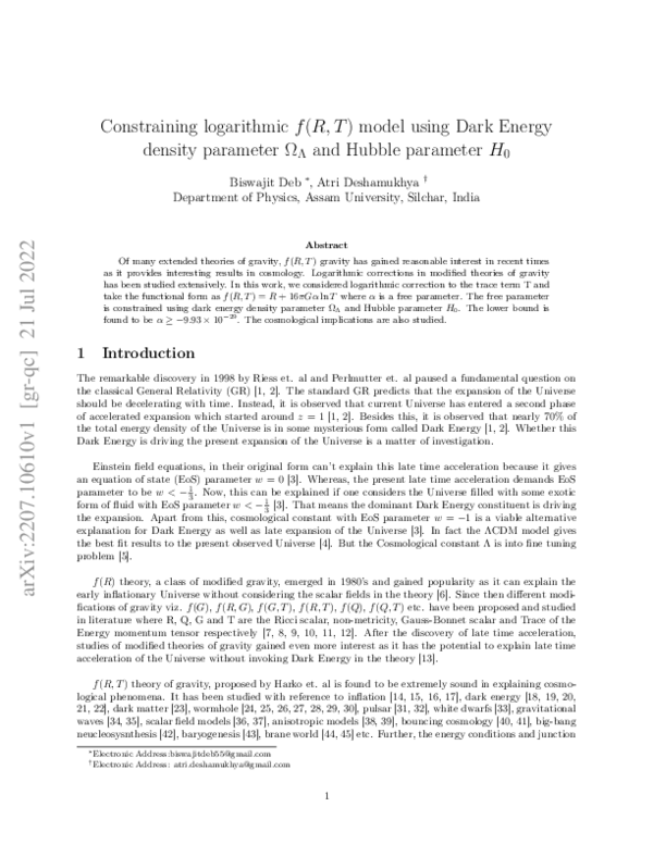 Pdf Constraining Logarithmic Frt Model Using Dark Energy Density Parameter Omega
